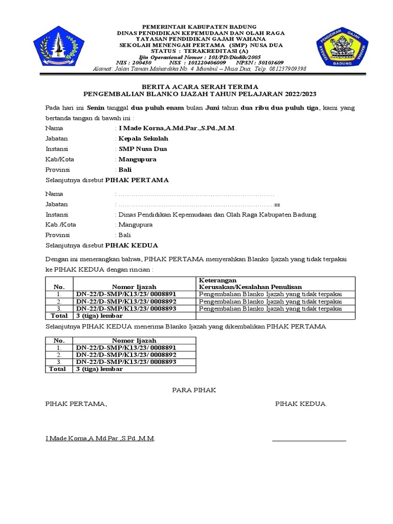 Berita Acara Pengembalian Blanko Ijazah | PDF Berita Acara Pengembalian Blanko Ijazah | PDF