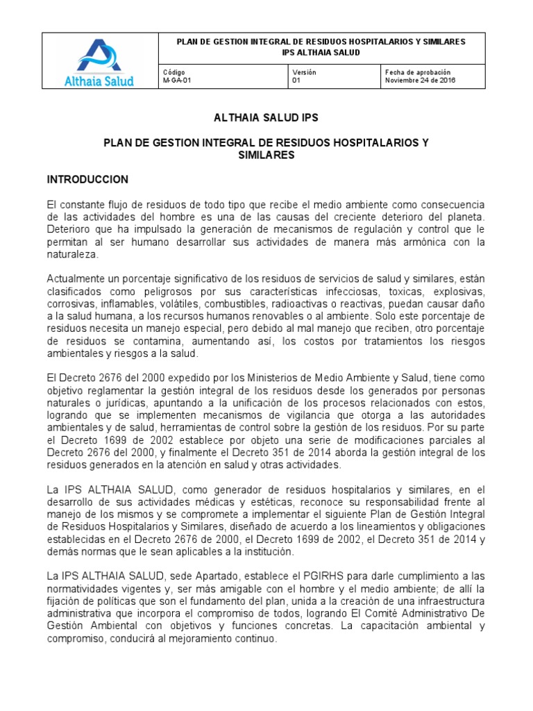 Plan Gestion Integral Residuos Hospitalarios Y Similares Apartado | PDF | Residuos | Gestión de ...