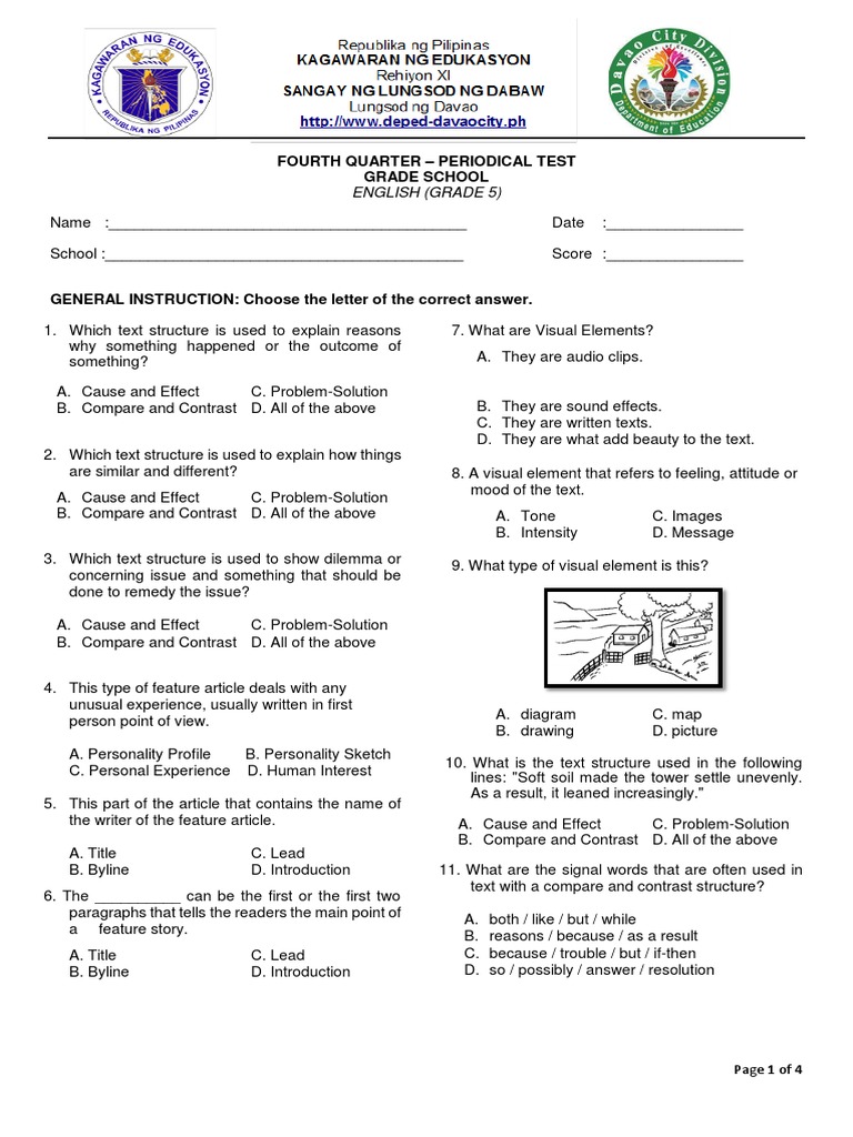 Grade 5 English Quarterly Test | PDF | Causality | Experience