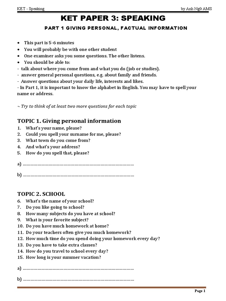 KET Speaking Part 1 Questions | PDF | Lunch | Meal