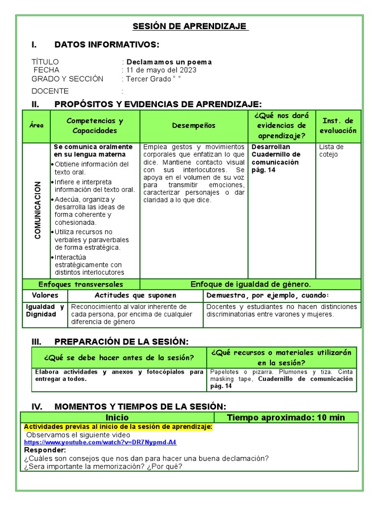 Sesión 4.2 - S 2 - Proyecto 1 - Com - Declamamos Un Poema | PDF | Crecimiento personal y ...