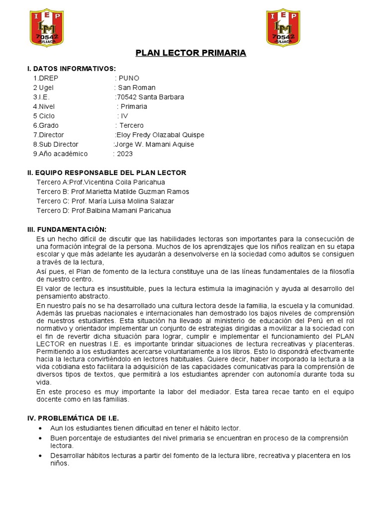 Plan Lector Primaria | PDF | Educación primaria | Comprensión lectora