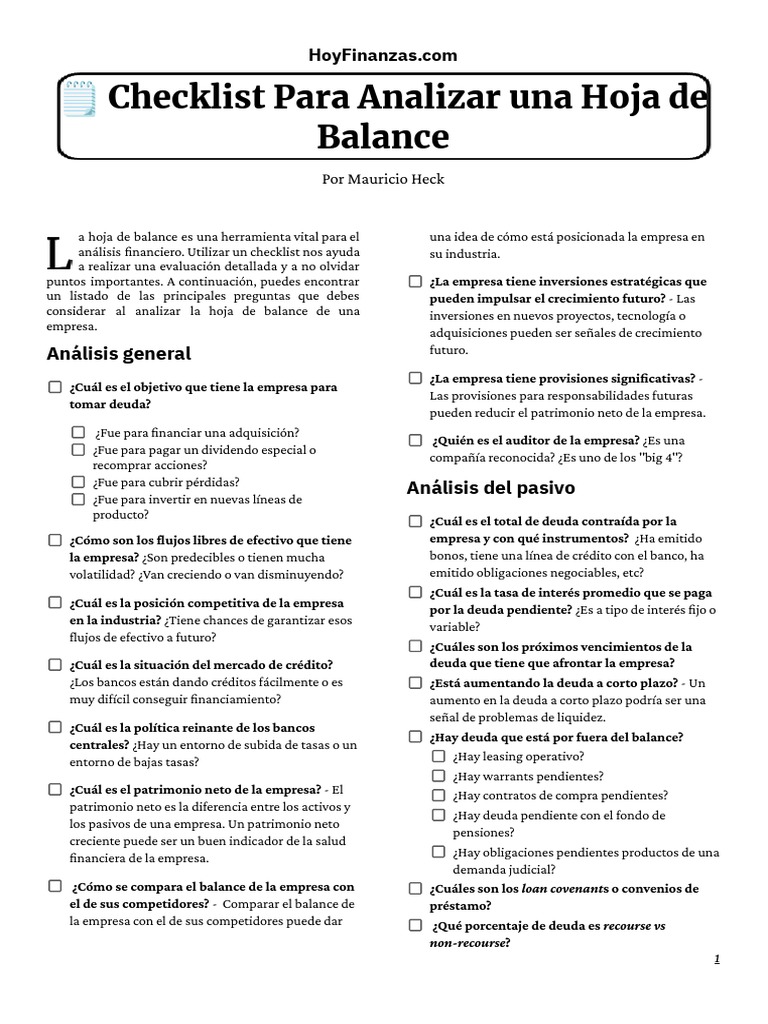 Checklist Análisis Hoja de Balance | PDF | Liquidez de mercado | Deuda