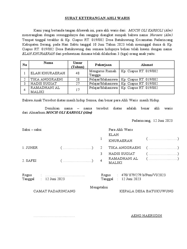 Surat Keterangan Waris | PDF
