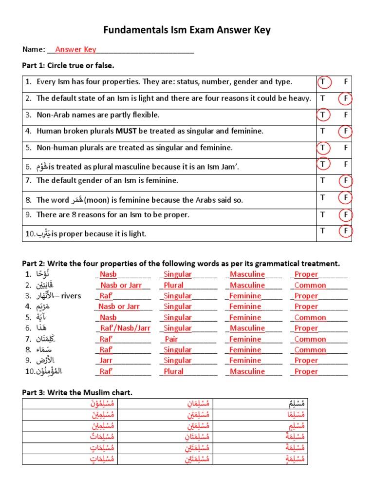 Arabic Grammar Exam Key | PDF | Grammatical Gender | Plural