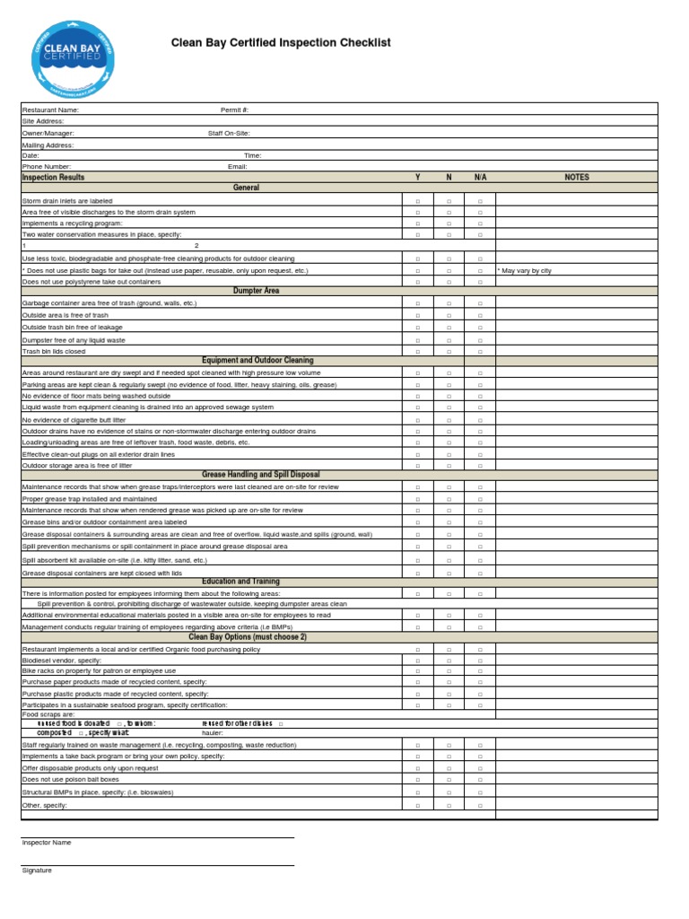 Certified Cleaning Inspection Checklist | PDF | Waste Management ...