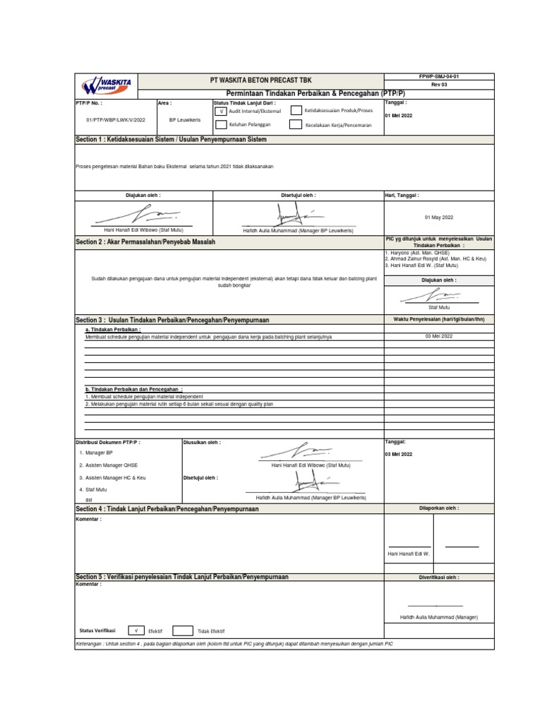 Tindak Lanjut Form QC PTP/P 2022 | PDF