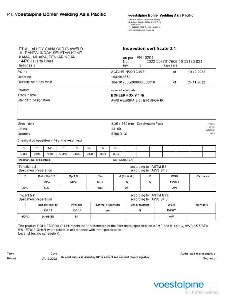 Inspection Certificate 3.1 | PDF | Materials | Mechanical Engineering
