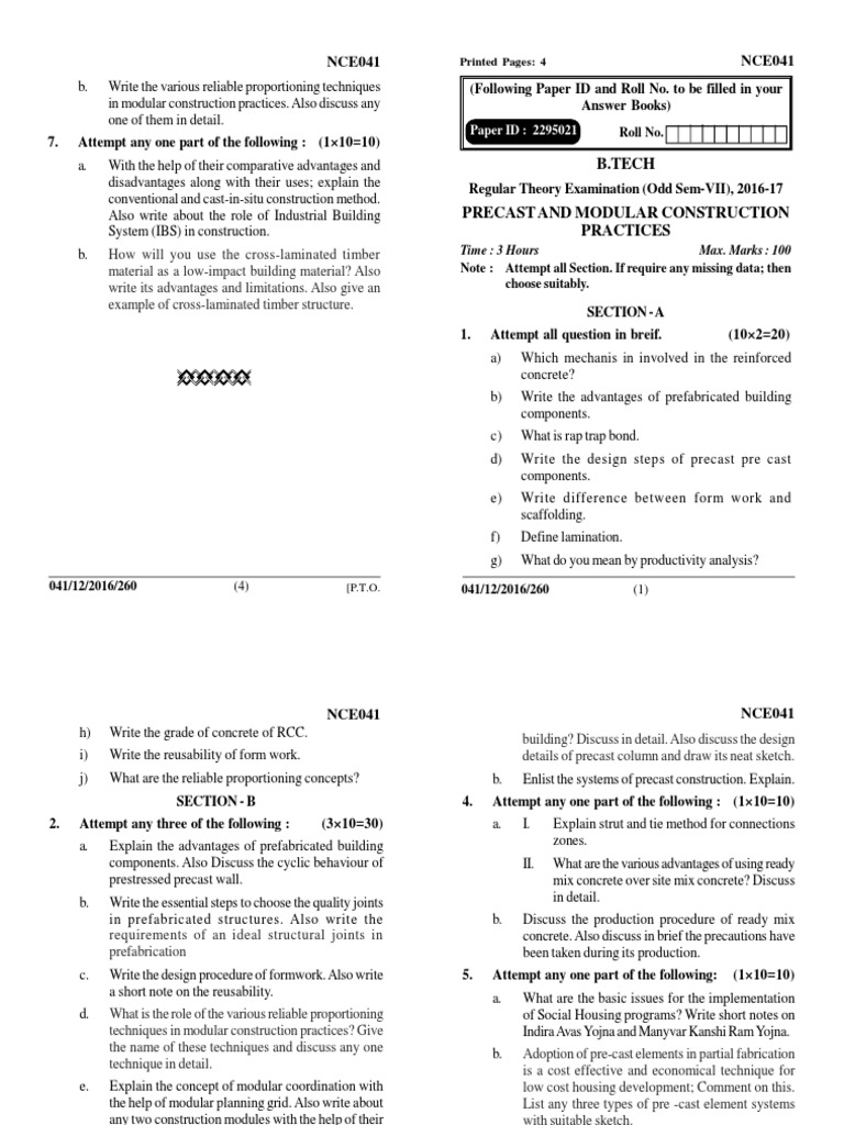 Btech Ce 7 Sem Precast and Modular Construction Practices Nce 041 2017 ...