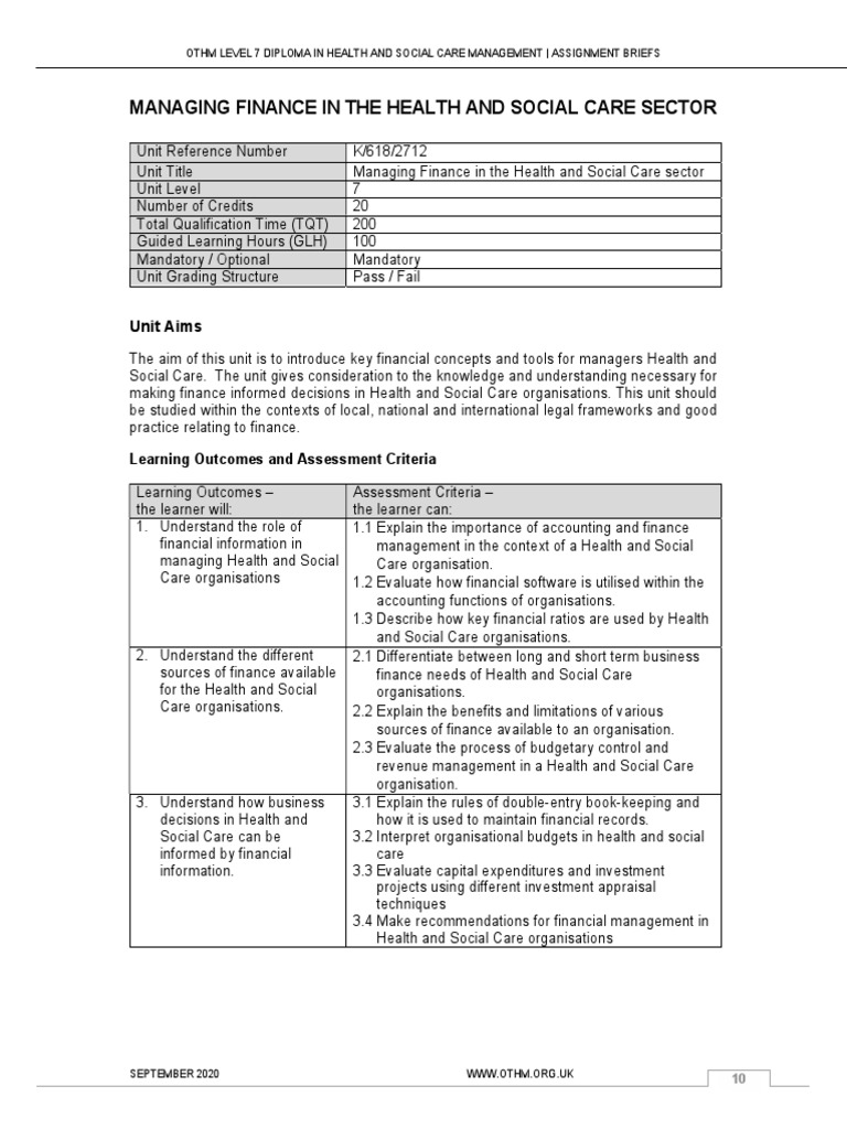 MANAGING FINANCE IN THE HEALTH AND SOCIAL CARE SECTOR - Assignment ...