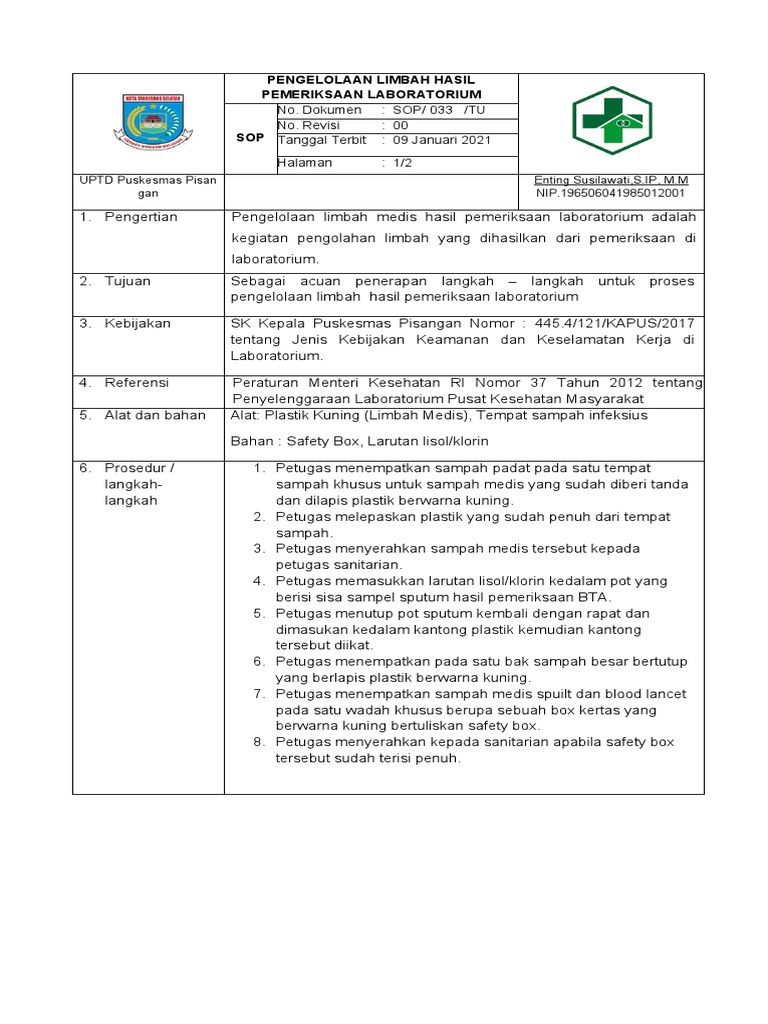 Sop Pengelolaan Limbah Hasil Pemeriksaan Lab | PDF | Sains & Matematika