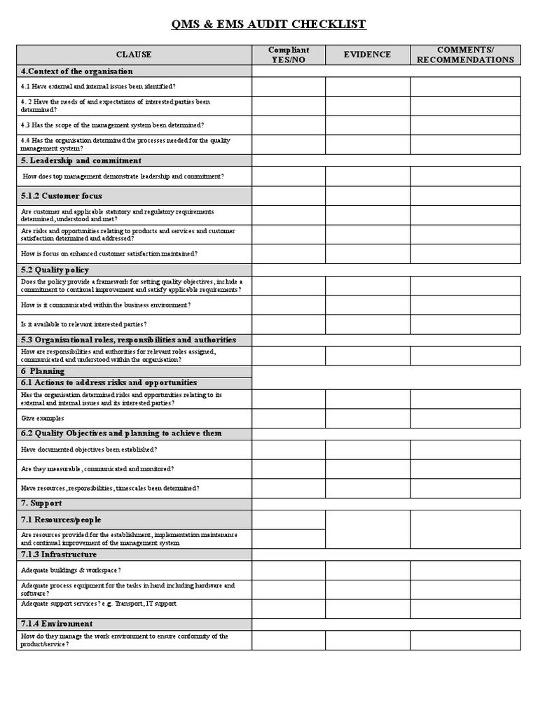 QMS, EMS Checklist | Download Free PDF | Quality Management System | Audit
