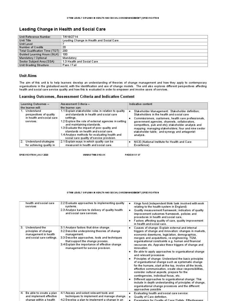 Course Specification - Leading Change in Health and Social Care | PDF ...