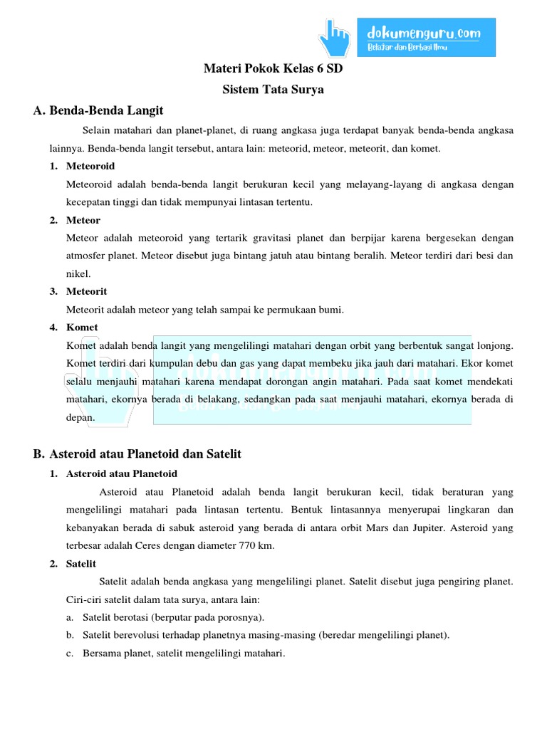 Www Dokumenguru Rangkuman Materi Benda Benda Langit Kelas 6 Sd