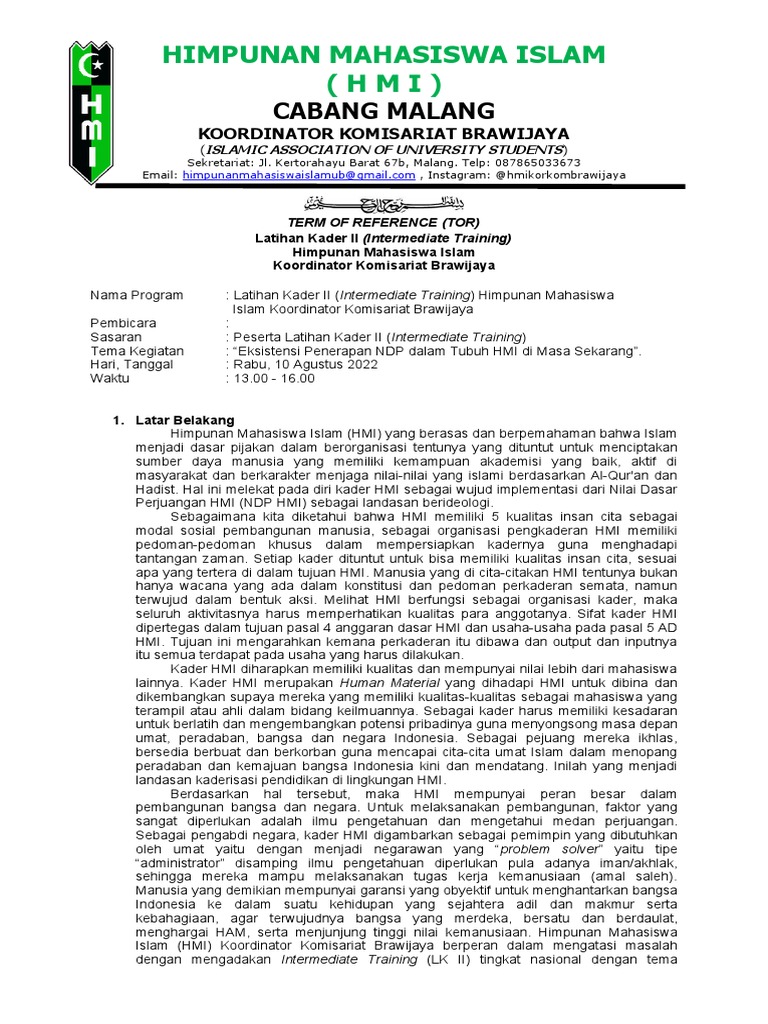 TOR Materi Kode G Nilai NIlai Dasar Perjuangan Eksistensi Penerapan NDP Dalam Tubuh HMI Di Masa ...