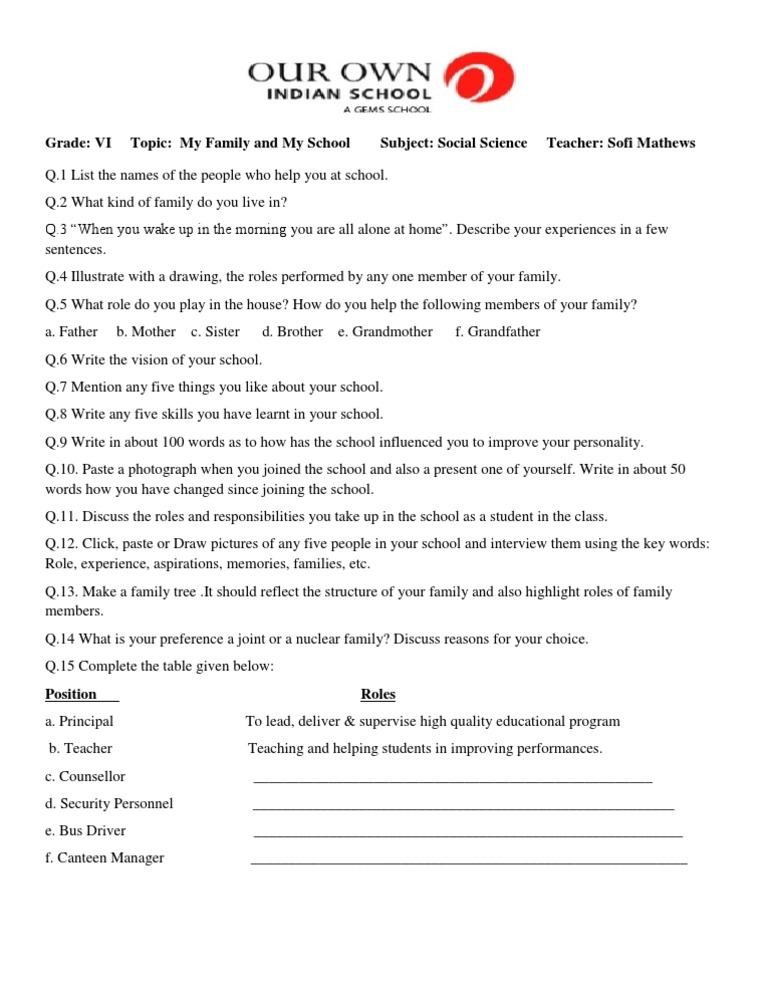Family and School Roles for Grade VI | PDF | Career & Growth