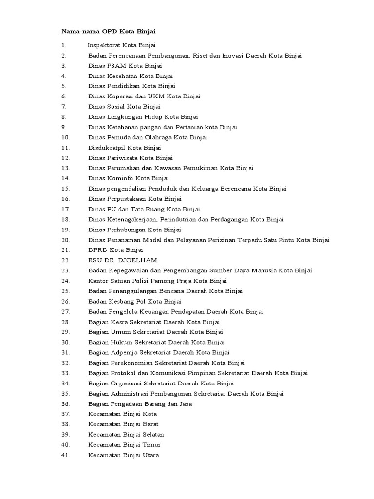 Nama-Nama OPD Se-Kota Binjai | PDF