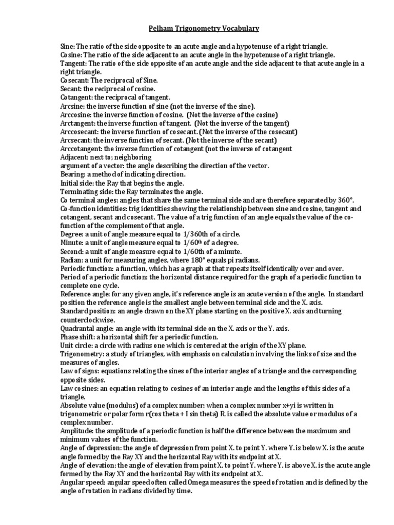 Essential Trigonometry Vocabulary Guide | PDF | Trigonometric Functions ...