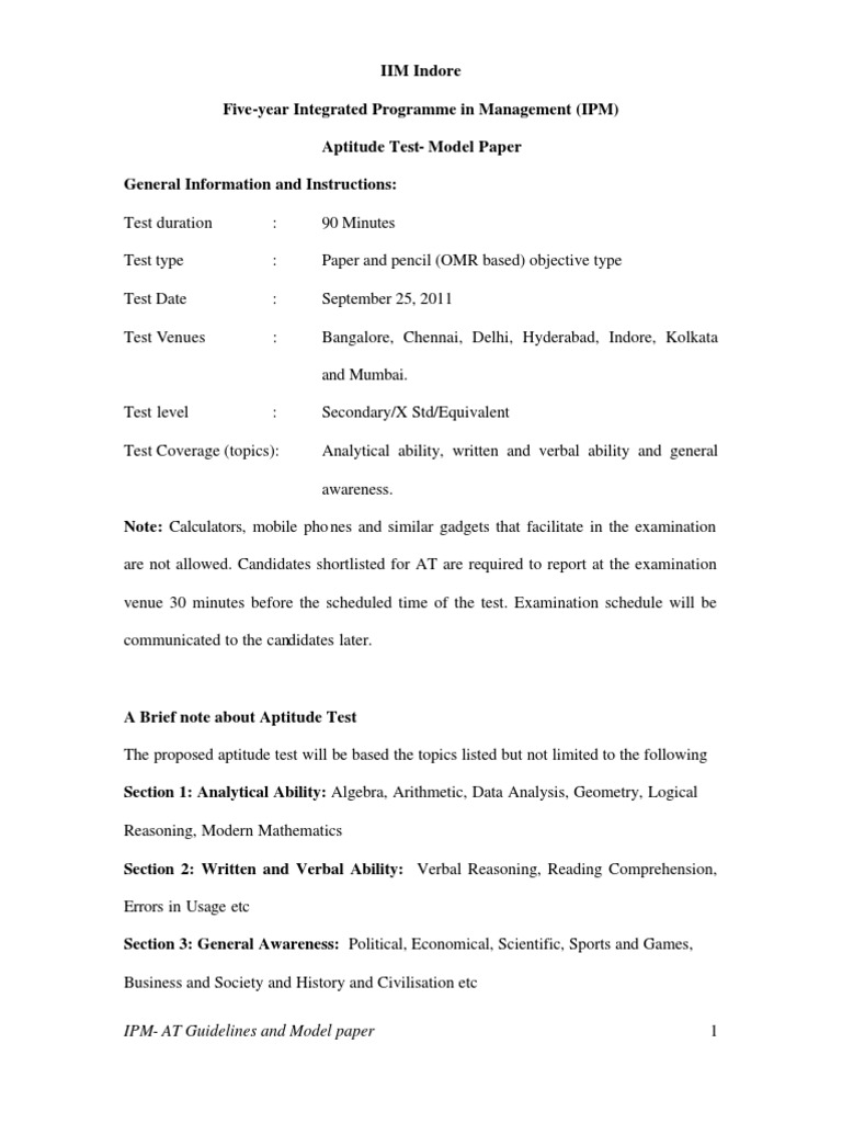 IPM Aptitude Test Guidelines & Model Paper | PDF | Test (Assessment ...