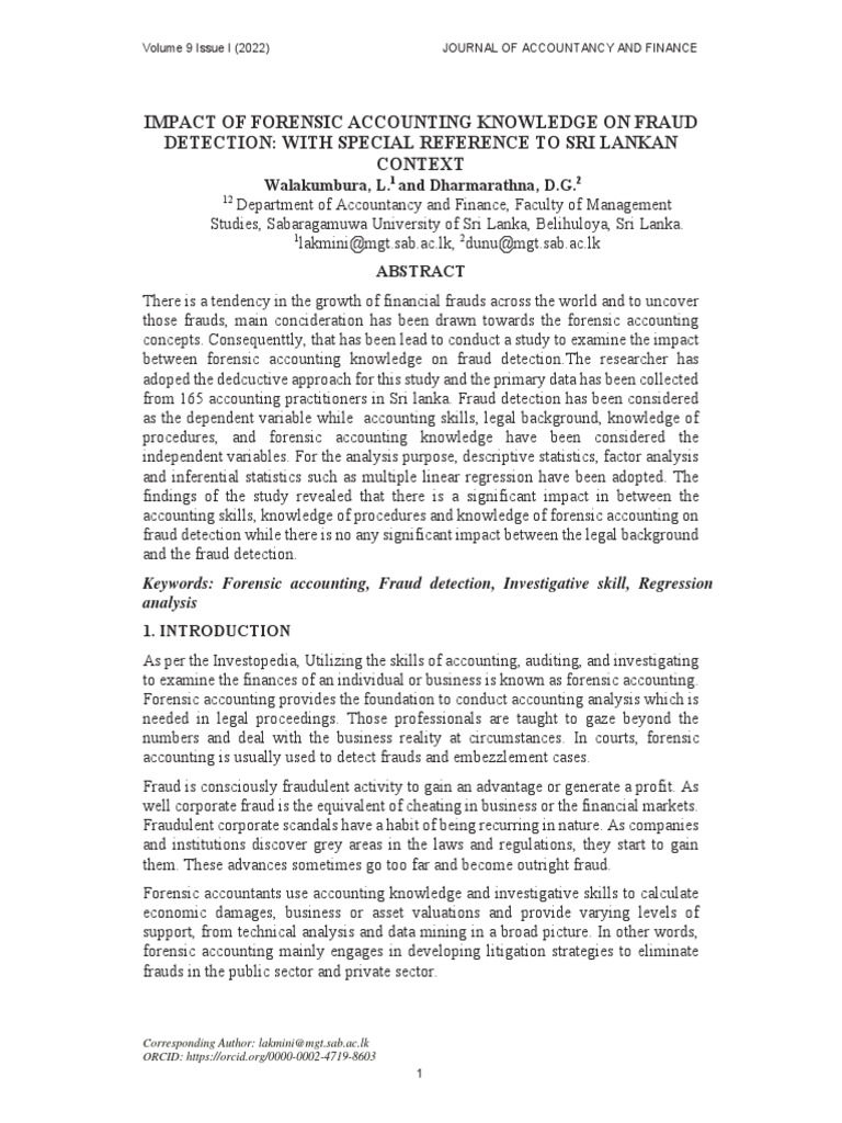 Impact of Forensic Accounting Knowledge On Fraud Detection With Special Reference To Sri Lankan ...