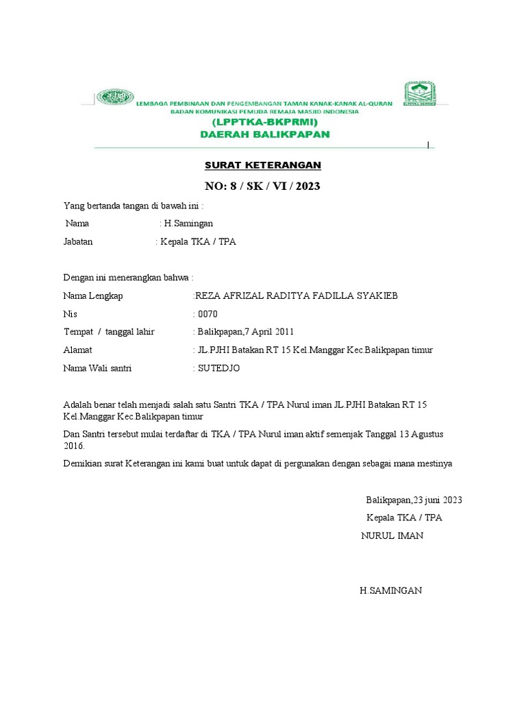 Surat Keterangan Ngaji | PDF