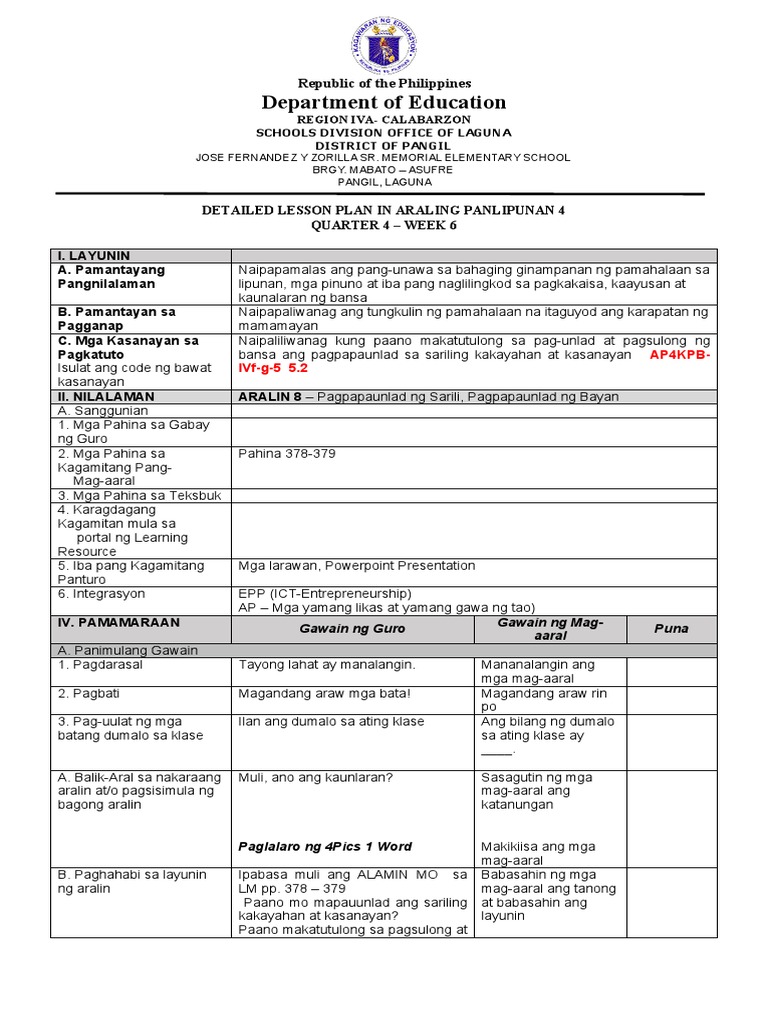 Detailed Lesson Plan in Araling Panlipunan 4 - DLP q4 | PDF | Career ...