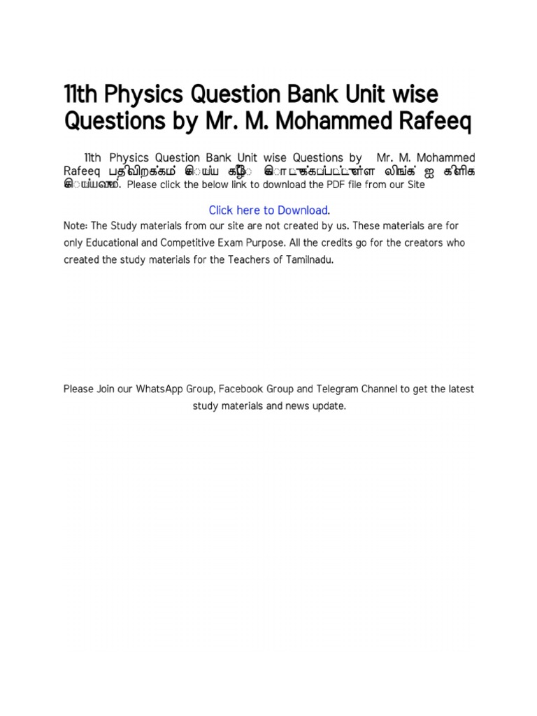 11th Physics Question Bank Unit wise Questions | PDF