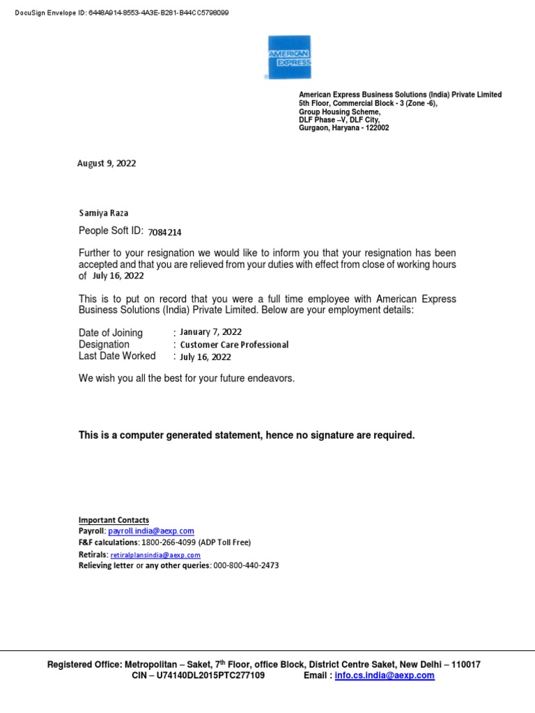 American Express Relieving Letter | PDF