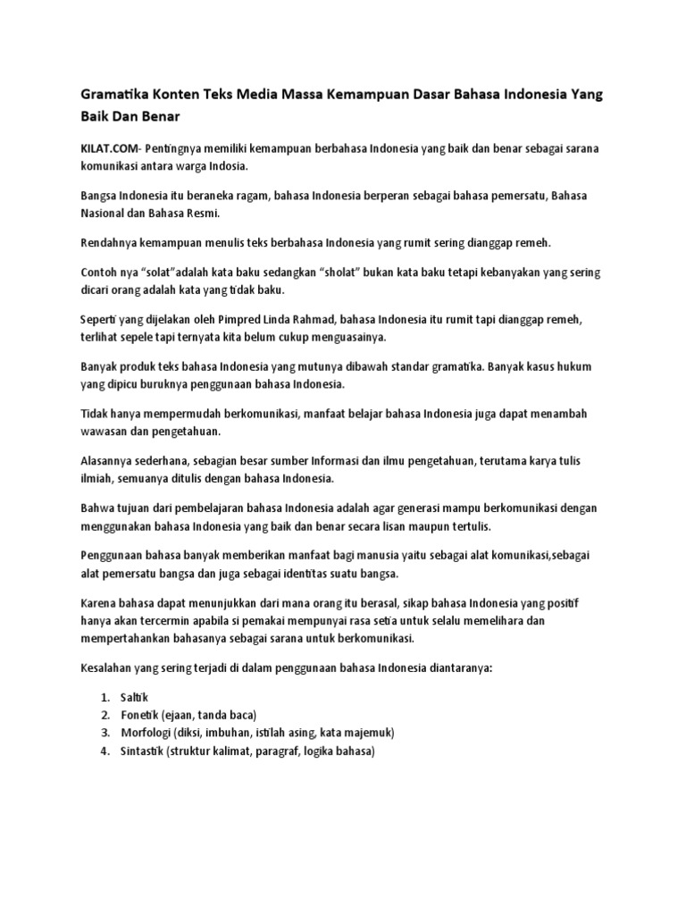 Gramatika Konten Teks Media Massa Kemampuan Dasar Bahasa Indonesia Yang ...