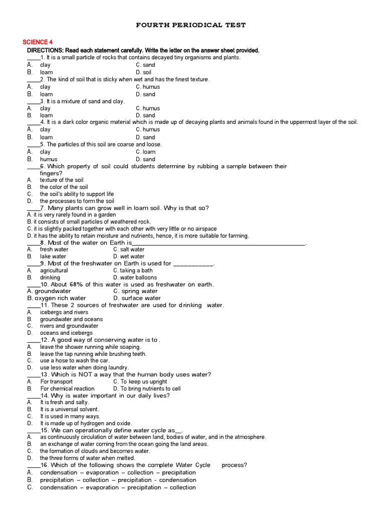 Quarter 4 Periodical Test Complete Subjects | PDF | Water | Soil Quarter 4 Periodical Test Complete Subjects | PDF | Water | Soil