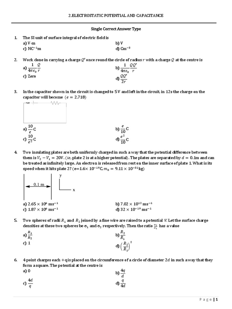 Electrostatic Potential And Capacitance Mcqs Pdf Capacitor Capacitance