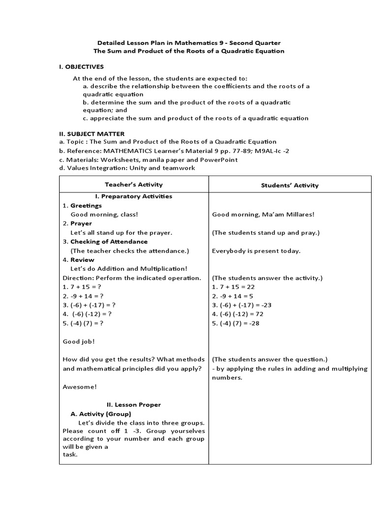 Lesson Plan in Mathematics 9 | PDF | Quadratic Equation | Mathematics