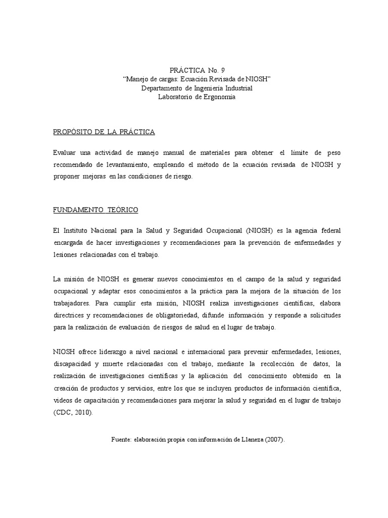 Práctica 7 CORREGIDA Niosh Equipo 3 | PDF | Ciencia y matemáticas | Tecnología