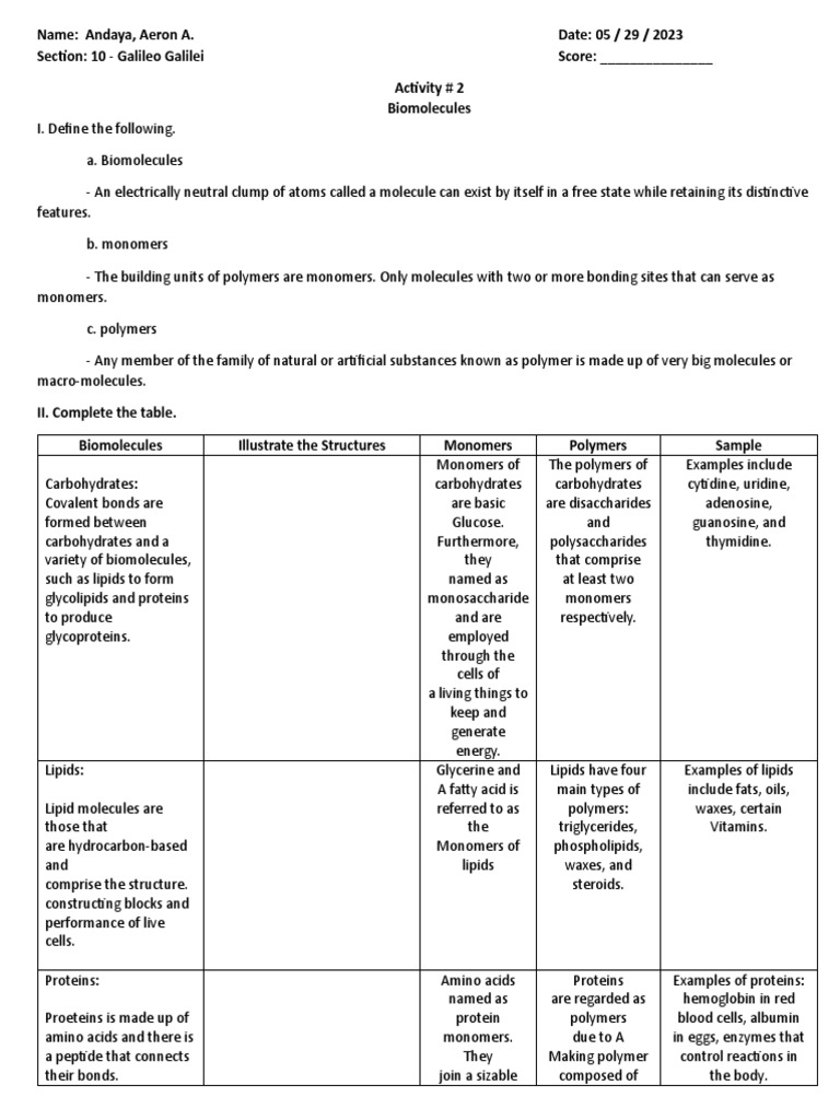 Science 10 Activity 2 Biomolecules | PDF | Biomolecules | Nucleotides