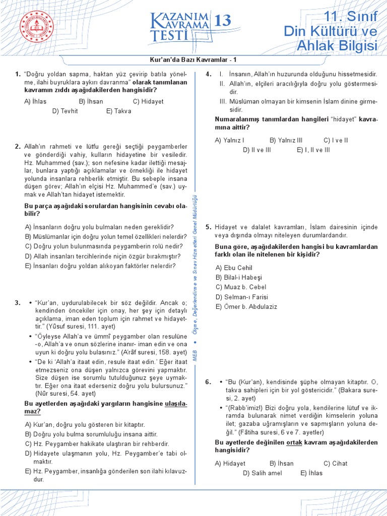 Di̇n Kültürü Yazili (KKT) | PDF