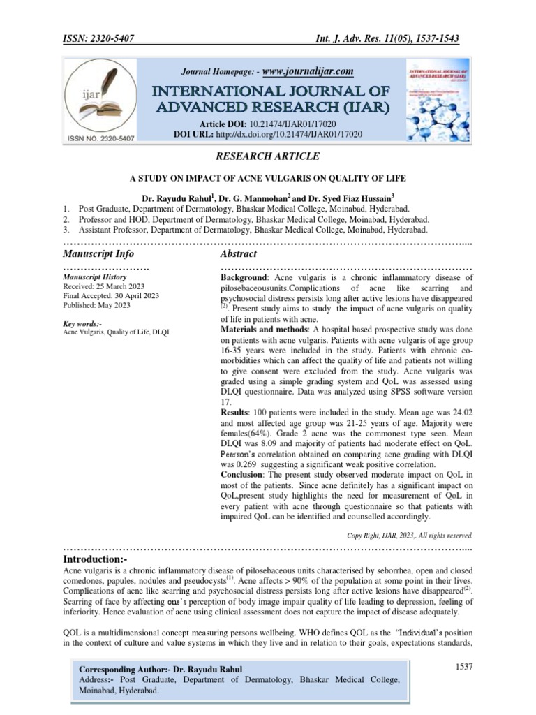 A Study On Impact of Acne Vulgaris On Quality of Life | PDF | Quality ...