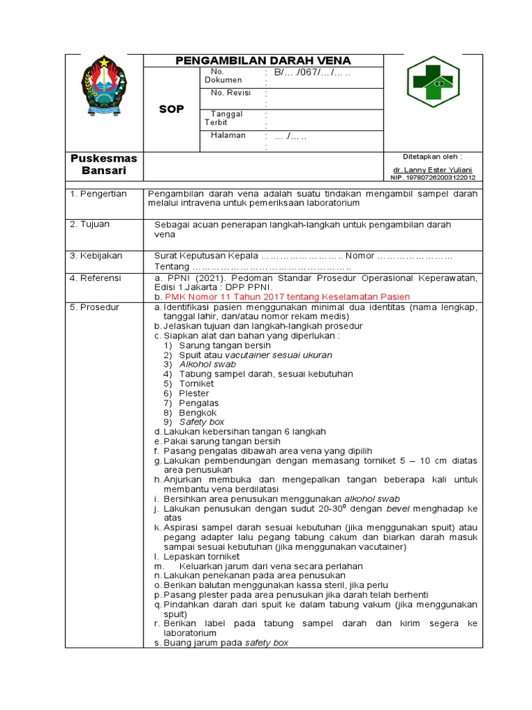 Sop Pengambilan Darah Vena | PDF