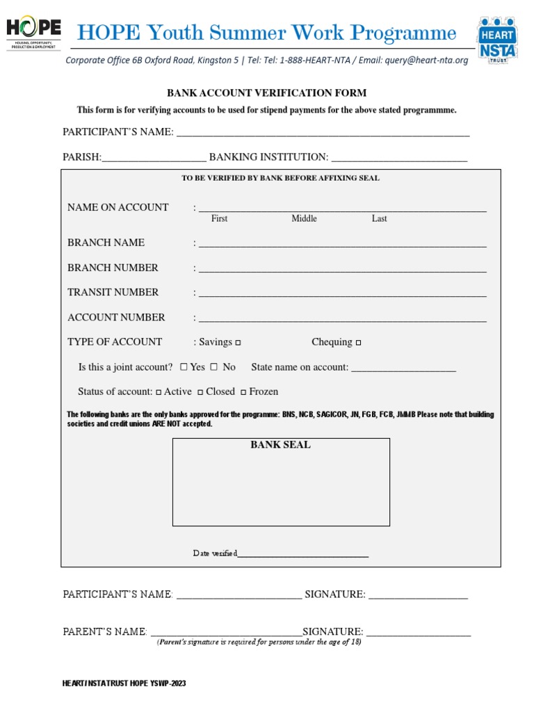 HOPE YSWP Bank Account Verification Form | PDF