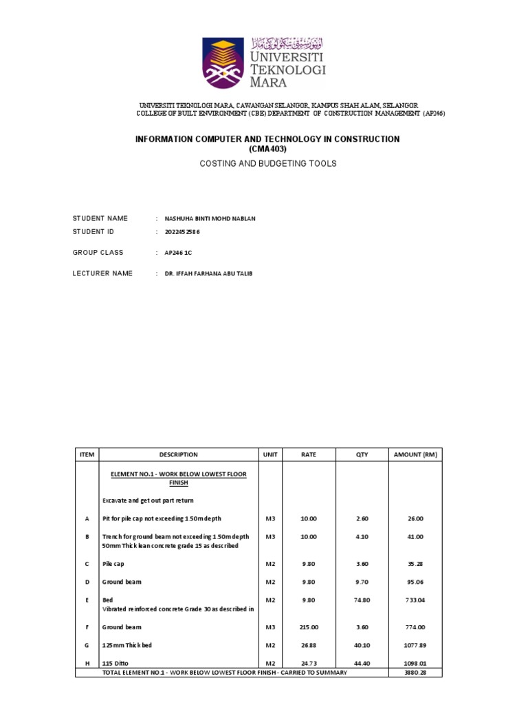 Asessment Cma403 Costingnbudget | PDF | Deep Foundation | Building Engineering