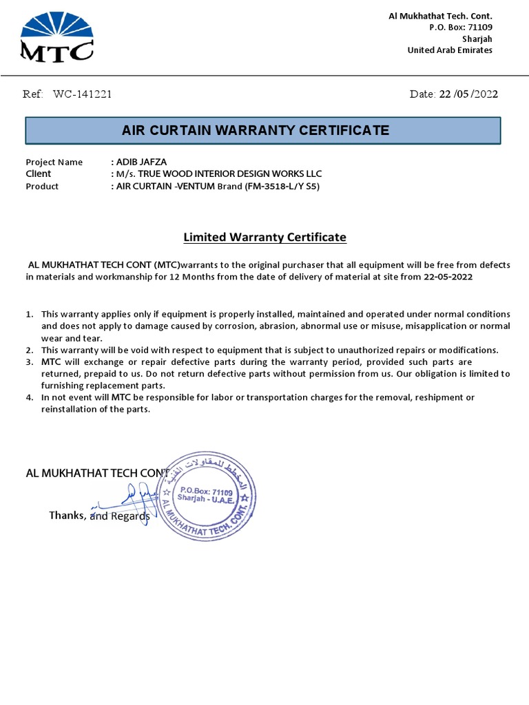 Air Curtain Warranty Certificate | PDF