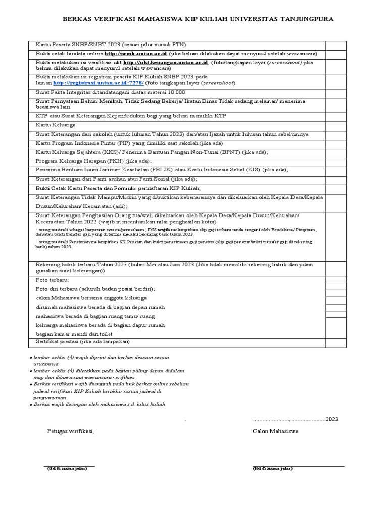 Verifikasi Berkas KIP Kuliah Untan 2023 | PDF | Pengelolaan Keuangan & Uang