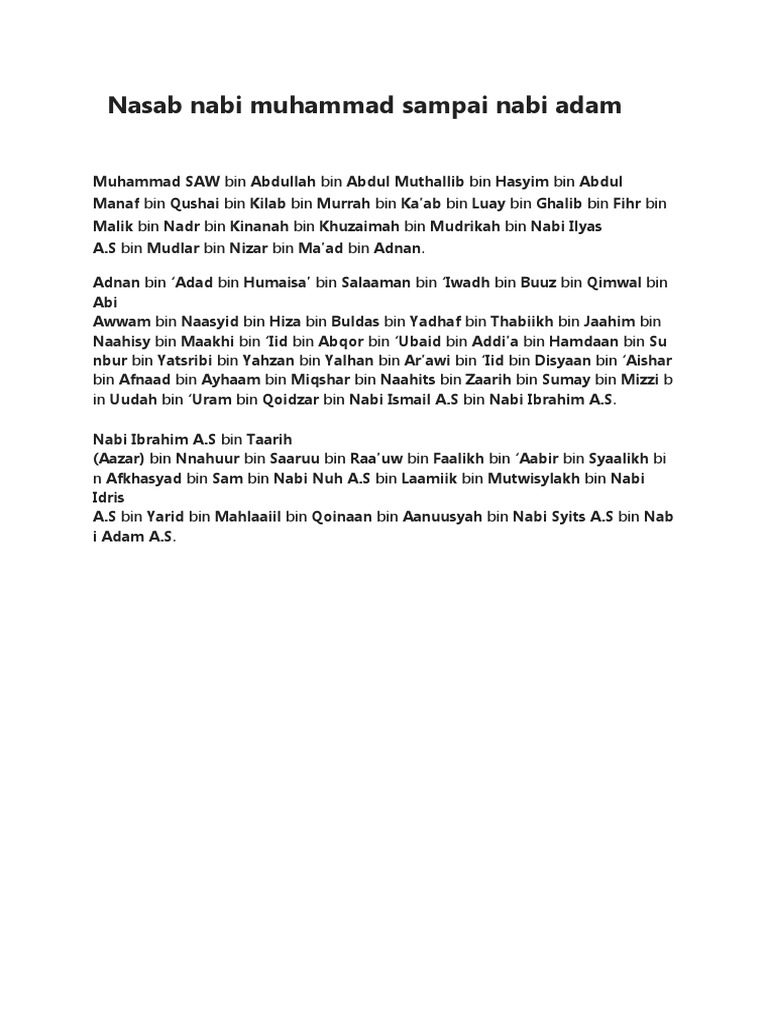 Genealogy of Prophet Muhammad to Adam | PDF | Religion & Spirituality