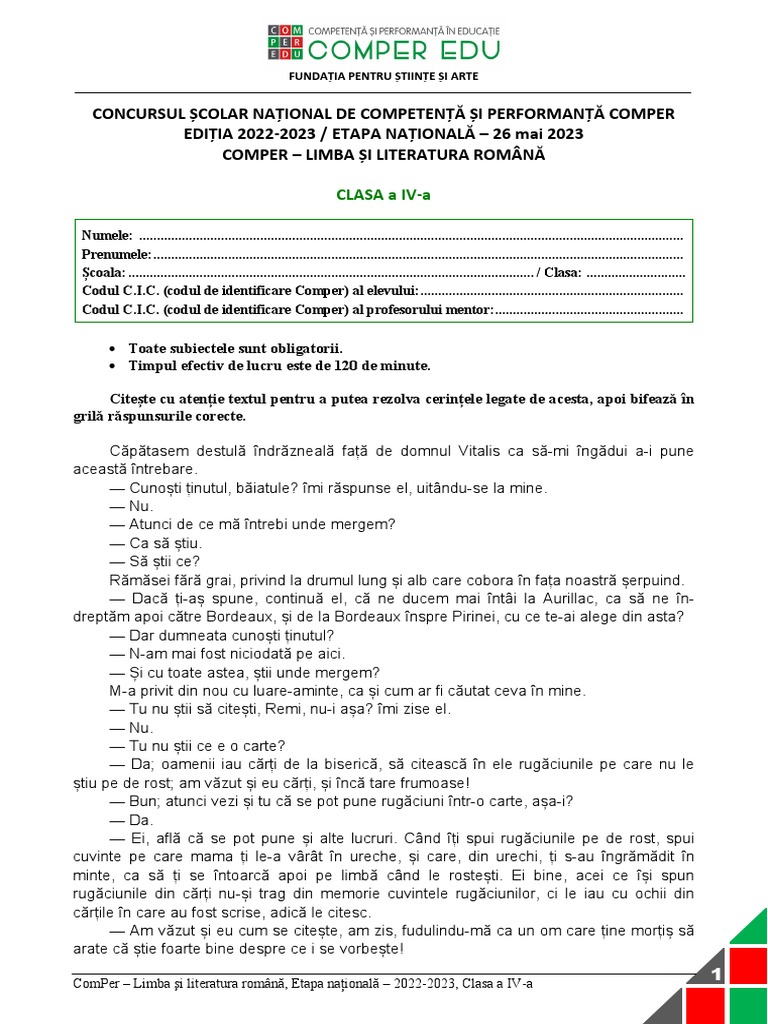 Subiect Comper Romana EtapaN 2022 2023 clasaIV | PDF