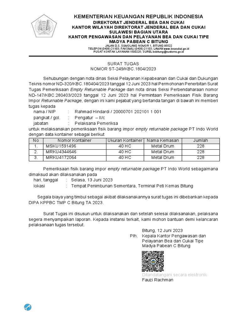 Penerbitan Surat Tugas Pemeriksaan Empty Returnable Package-1 | PDF