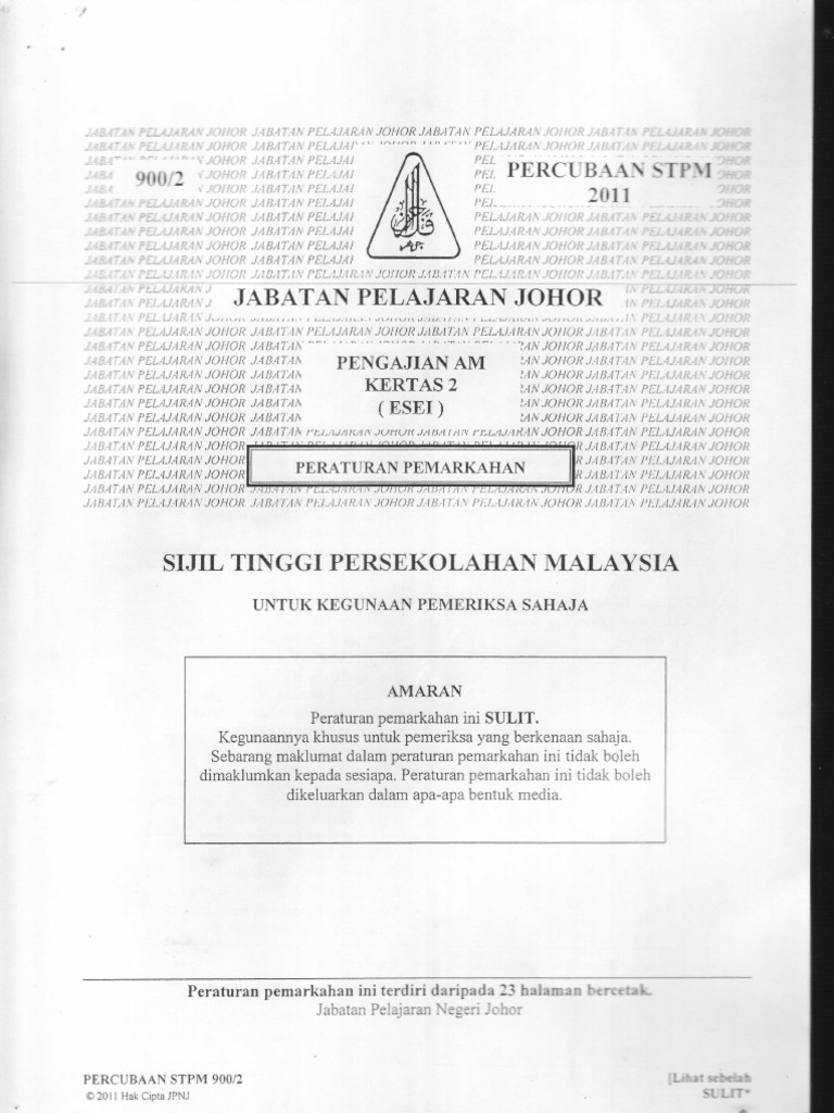 Skema Percubaan STPM Pengajian Am Kertas 2 Johor 2011 | PDF
