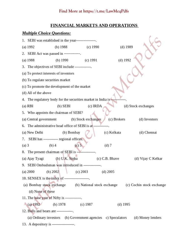 Financial Markets MCQs Overview | PDF | Investment Fund | Stocks