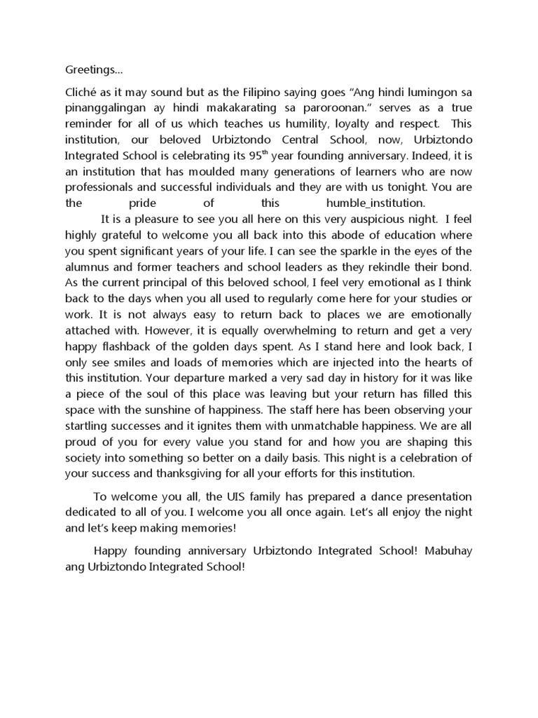 Welcome Remarks for UIS Anniversary | PDF | Language Arts & Discipline ...