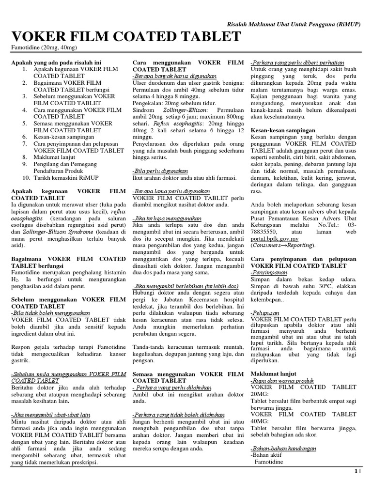 Voker Film Coated Tablet Famotidine Y.S.P INDUSTRIES M SDN BHD ...