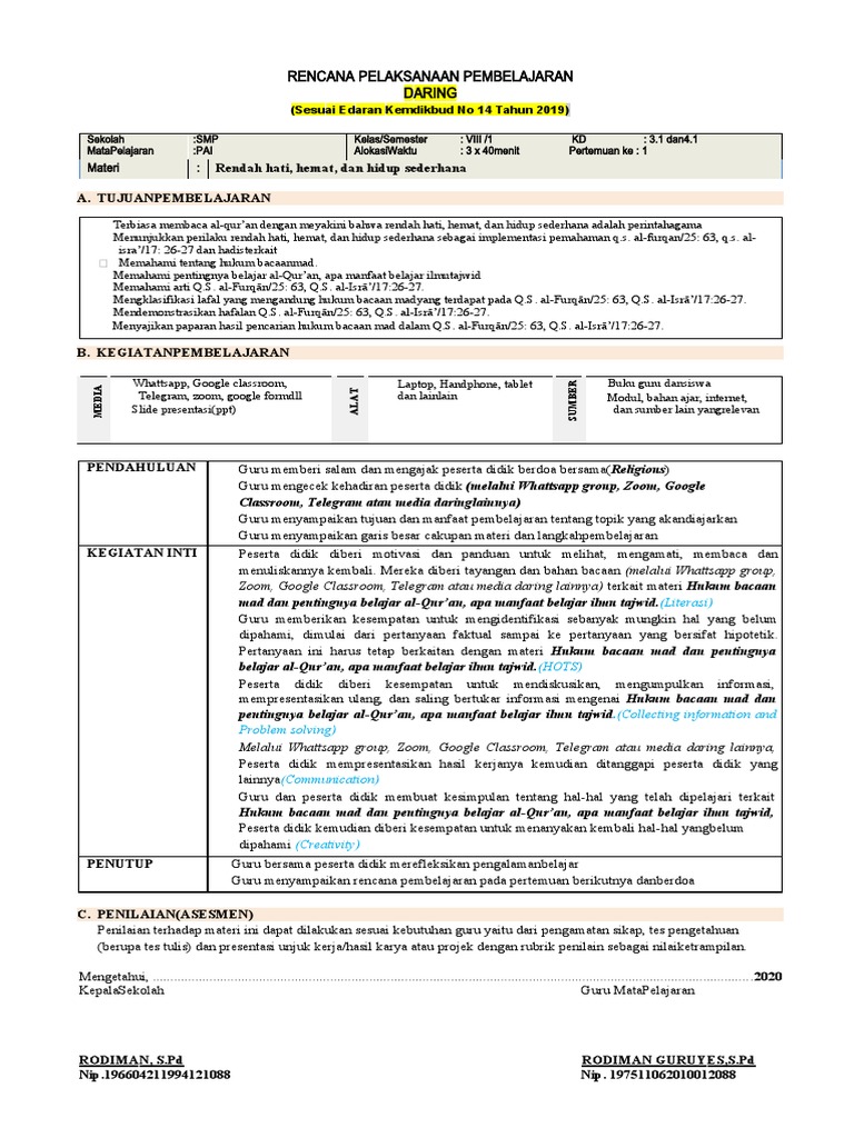 RPP Daring PAI Kelas VIII SMP | PDF | Karier & Perkembangan
