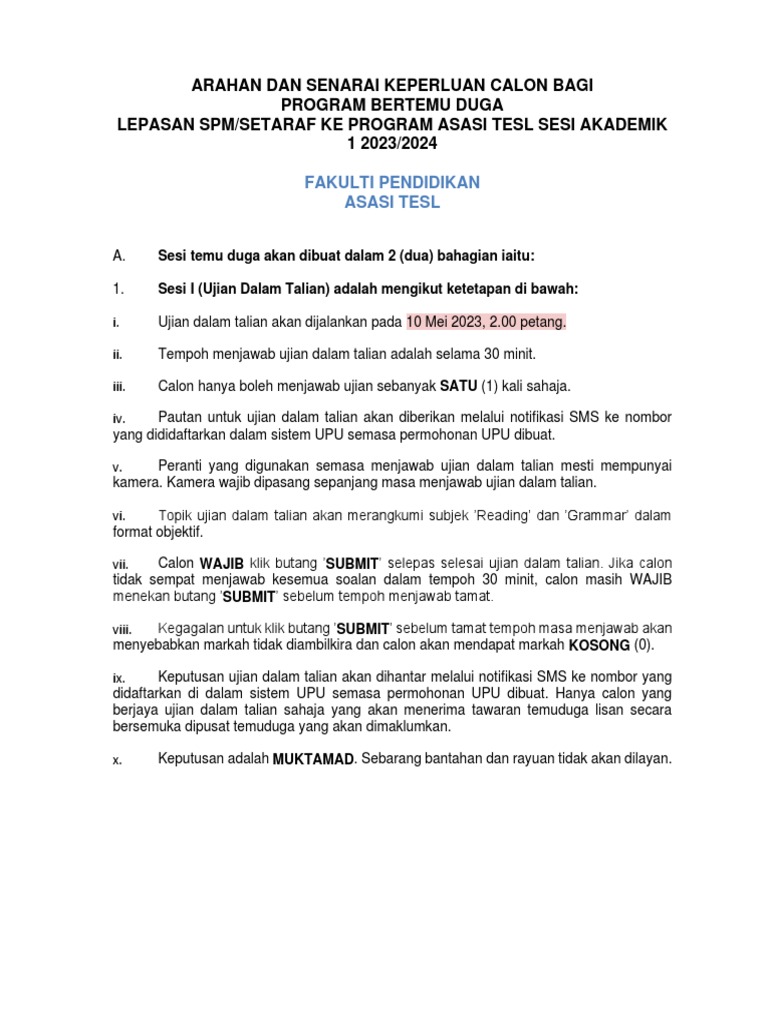 arahan dan keperluan calon TESL ASASI Diploma | PDF